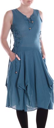 vishes Alternative Bekleidung - Damen knielanges Kleid Baumwolle Casual verstellbares Kleid im Lagen-Design mit Taschen t&uuml;rkis 42