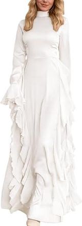 Generic Robe amincissante d&eacute;contract&eacute;e &agrave; manches &eacute;vas&eacute;es avec col rond et taille haute pour une &eacute;l&eacute;gance, blanc, XXL