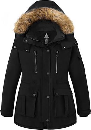 Wantdo Femme Veste dhiver surdimensionn&eacute;e Doudoune matelass&eacute;e Mantle chaude &eacute;paississante Parka avec capuche amovible en fourrure Noir 56-58