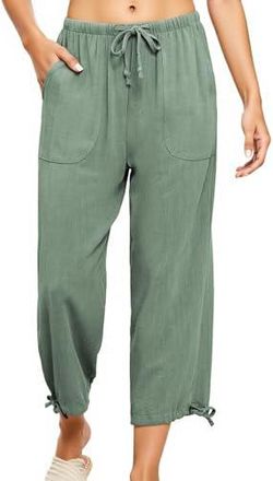 Generic Pantalon en coton et lin pour femme - Jambe large - Pantalon de plage d&eacute;t&eacute; pour femme - Confortable - Pantalon de yoga Palazzo XIYU26083, vert fonc&eacute;, 