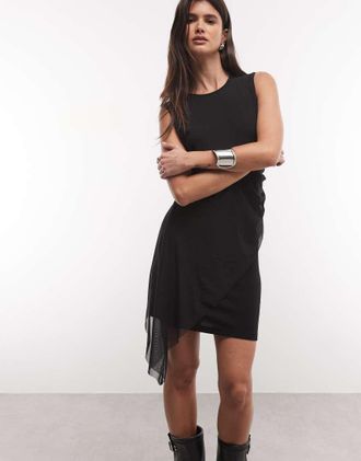 AllSaints Riley &auml;rmelloses gerafftes Mesh-Minikleid in Schwarz