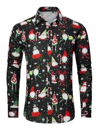 Hisdern Chemise de No&euml;l Homme Manches Longues Chemise Noir Funky Imprim&eacute;e No&euml;l Festival Regular Fit M
