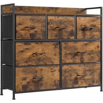 Songmics Songmics - Commode avec 7 Tiroirs en Tissu, Meuble de Rangement &agrave; 3 Niveaux, avec Poign&eacute;es en M&eacute;tal, Style Industriel, Marron Rustique et Noir