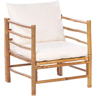 Beliani Fauteuil de Jardin Moderne Rustique en Bambou avec Dossier et Coussins Ext&eacute;rieur Blanc Cass&eacute; Cerreto