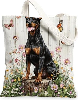 Generic Spring Doberman Sac fourre-tout en toile pour faire du shopping 33 x 38,1 cm, sac d&eacute;picerie r&eacute;utilisable pour femme, animal de compagnie, peinture, d&eacute;