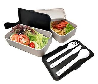 Nerthus Kitchenware FIH 415 Lunch Box luftdicht, doppelt, mit Besteck, Einheitsgröße, schwarz und weiß