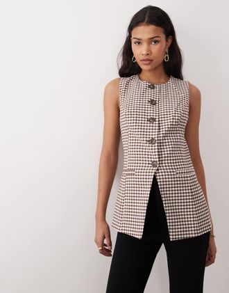 Nobody's Child Immy - Gilet de tailleur long en coton m&eacute;lang&eacute; &agrave; carreaux - Marron-Brown