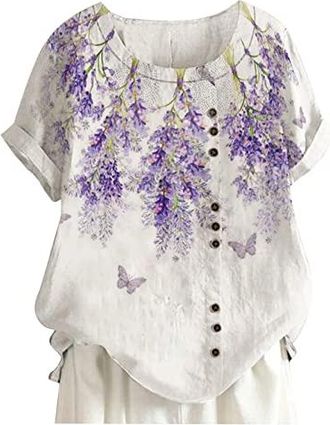 Generic Haut ample &agrave; manches courtes en lin pour femme - T-shirt graphique surdimensionn&eacute; pour femme - Blouses et chemises de plage, tee-shirts, hauts de base