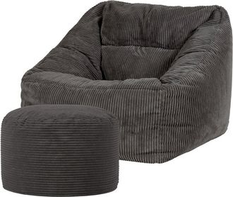 Icon Brand Pouf Fauteuil en Velours Côtelé Morgan et Rond Repose-Pieds, xxl Pouf Geant pour Salon, Pouf Poire Adultes, Gris Anthracite, oeko-tex - Icon