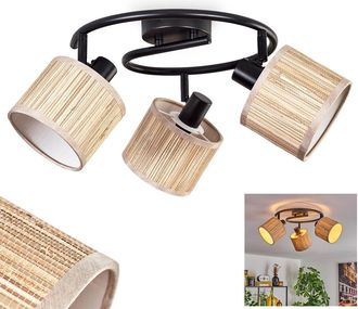 HOFSTEIN Deckenleuchte Bongal, moderne Deckenlampe aus Metall/Bambus/Stoff in Schwarz/Natur/Weiß, 3-flammig, mit verstellbaren Strahlern, runde Leuchte im Boho