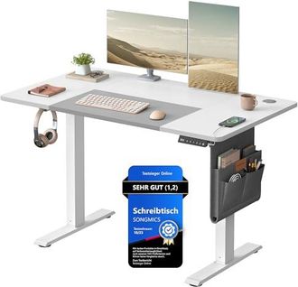 Songmics H&ouml;henverstellbarer Schreibtisch elektrisch, 120 x 60 cm, stufenlos verstellbar, Memory-Funktion mit 4 H&ouml;hen, wolkenwei&szlig;-Taubengrau LSD015W02