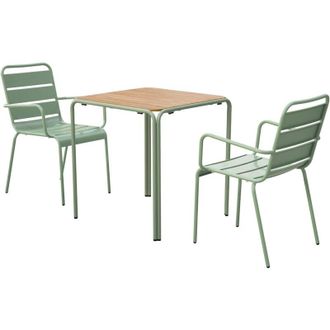 Oviala Table de jardin bistrot m&eacute;tal polywood 70 cm et 2 fauteuils vert sauge