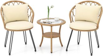 Costway Ensemble de Meuble de Patio en R&eacute;sine Tress&eacute;e PE 3 PCS avec Coussins et Table Basse &agrave; 2 Niveaux avec Verre Tremp&eacute;, pour V&eacute;randa, Balcon, Terrasse