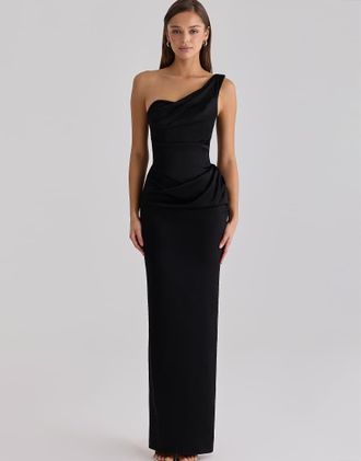 House of CB Caprice - Maxikleid aus Satin in Schwarz mit One-Shoulder-Tr&auml;ger