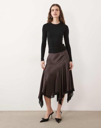 Asos jupe midi en satin &agrave; ourlet asym&eacute;trique en dentelle chocolat-Marron