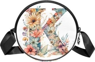 Generic Petit sac &agrave; bandouli&egrave;re circulaire pour femme, motif floral avec lettre K, sac &agrave; dos avec fermeture &eacute;clair, bretelles r&eacute;glables, sac &agrave; main rond d&eacute;con