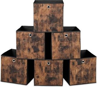 Relaxdays Aufbewahrungsbox, 6er Set, HxBxT: 33x33x33 cm, Stoff, Holzoptik, Griffloch, Faltbare Regalboxen, schwarz/braun
