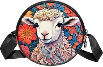 Generic Petit sac &agrave; bandouli&egrave;re rond pour femme, motif mouton color&eacute; avec fermeture &eacute;clair, bretelles r&eacute;glables, sac &agrave; main rond d&eacute;contract&eacute; pour femmes et fi