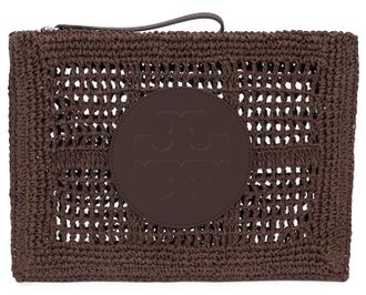 Tory Burch Womens Purse Ella Crochet Dark Cocoa Straw Clutch Bags