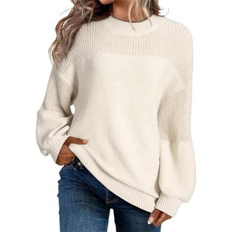 Generic Pull d&eacute;contract&eacute; &agrave; manches longues et col rond en tricot uni pour femme, pull d&eacute;contract&eacute; &agrave; manches longues et col rond, mignon, blanc, XXL