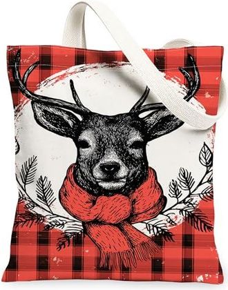 Generic Sacs fourre-tout en toile motif cerf de No&euml;l, sacs d&eacute;picerie r&eacute;utilisables avec imprim&eacute; animal rustique, sacs d&eacute;picerie vintage, l&eacute;gers et lavables, R