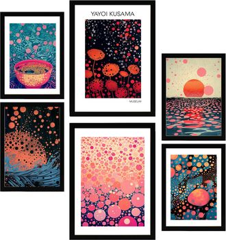 Nacnic 6er-Set Kusama-Welle Gerahmtes Poster mit Design-Illustrationen zur Dekoration der W&auml;nde Ihres Zuhause Zimmer B&uuml;ro Laden Malerei im A3 & A4 Schwarzer 