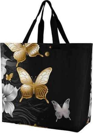 Generic Papillons Blancs Dor&eacute;s Noirs Sac Fourre-Tout Pliable Tote Bag Imperm&eacute;able Sac Fourre Tout Pour Universit&eacute; Travail Shopping
