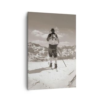 Arttor Bilder auf Leinwand 70x100cm Leinwandbild mit Rahmen Skifahrer Bayern Sepia Groß Wanddeko Bild Schlafzimmer Küche Deko Wandbilder Dekoration Wohnzimme