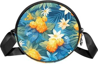 Generic Sac &agrave; bandouli&egrave;re rond pour femme, motif fleurs dananas avec fermeture &eacute;clair, bretelles r&eacute;glables, sac &agrave; main rond d&eacute;contract&eacute; pour femmes et filles