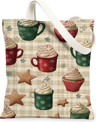 Generic Sacs fourre-tout en toile pour cupcakes de No&euml;l, friandises de vacances, sacs d&eacute;picerie r&eacute;utilisables, vintage l&eacute;gers et lavables avec bandouli&egrave;re pou