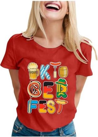 Generic T-shirt tendance pour femme Oktoberfest 2026 | Haut décontracté à manches courtes et col rond imprimé lettres, Rouge, XXL