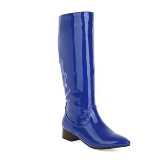 Generic Bottes déquitation montantes en cuir verni à bout rond et talon bloc large pour femme, bleu, 37.5 EU