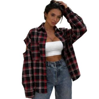 Generic DUHENWU Chemise &agrave; carreaux &agrave; manches longues pour femme - Chemise de loisirs boutonn&eacute;e - Coupe droite - D&eacute;contract&eacute;e - Col en V - Chemise daffaires - 