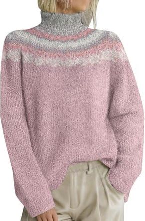 Generic Pull pour femme, manches longues, tricot nordique, confortable, pull à col polo pour femme, pull jacquard vintage, pull dhiver chaud pour femme, autom