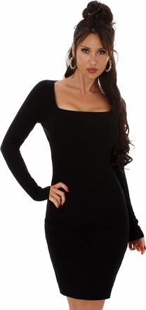 Enzoria Damen Strickkleid Pulloverkleid Stretch Bodycon Feinripp Eckiger Ausschnitt Midikleid, Schwarz