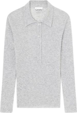 Ganni Femme, Pulls, Gris, Taille: 40 FR Sheer Wool Ribbed Polo