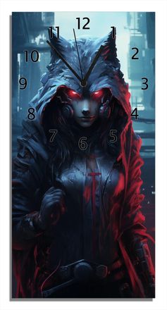 Wallario Design-Wanduhr, Acrylglasuhr Größe 30 x 60 cm, Schwarze Zeiger, Motiv Frau im Wolfspelz