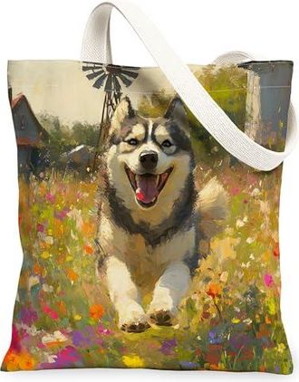 Generic Sac fourre-tout en toile r&eacute;utilisable pour le shopping, 33 x 38,1 cm, motif chien husky printanier, sac d&eacute;picerie r&eacute;utilisable pour femme, motif flora