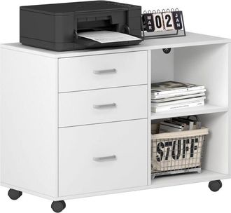 Soges Caisson de Bureau Mobile &agrave; roulettes Verrouillables, Meuble de Rangement de Dossiers avec 3 Tiroirs, Support dImprimante, Blanc