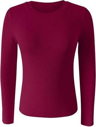 Generic Chemises de sport pour femmes, printemps et été, rayures de couleur unie, haut élastique à manches longues, Chemises dautomne Wine-women, XXL