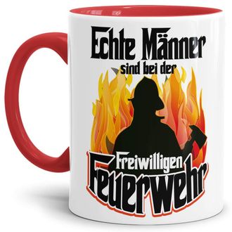 Tassendruck Feuerwehr-Tasse Echte M&auml;nner FFW Beruf/Helden/Lustig/Spruch/Geschenk-Idee/Innen & Henkel Rot