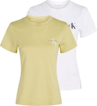 Calvin Klein Damen 2er Pack T-Shirts Kurzarm Monologo Tee Slim Fit, Mehrfarbig (Muted Lime/Brilliant White), 3XL