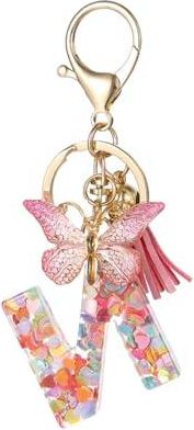 Generic Porte-cl&eacute;s en r&eacute;sine paillet&eacute;e 26 lettres avec papillon pompon porte-cl&eacute;s crochet, N, taille unique