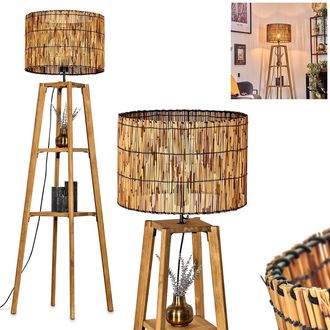 HOFSTEIN Stehleuchte Cando, Stehlampe aus Holz/Bambus in Naturfarben, Leuchte im skandinavischen Design mit rundem Schirm (Ø 40 cm), Ablageflächen u. Fußschalt