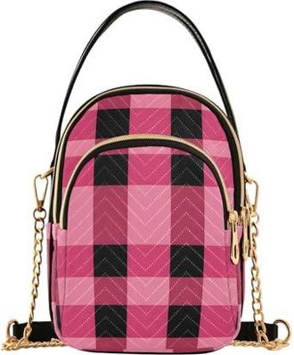 Mnsruu Sac à bandoulière pour femme - Rose et rouge - Motif à carreaux - Petit sac à bandoulière avec sangle réglable