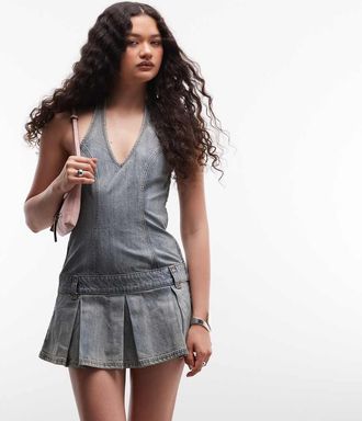 Collusion Neckholder-Kleid in heller Waschung-Blau