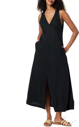 The Drop Blanca Linen Button Front V-Neck Maxi Dress Kleider, Schwarz, 4XL Große Größen