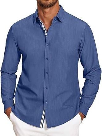 Coofandy Chemises pour Hommes, Manches Longues, boutonnées, décontractées, Extensibles, pour Le Travail, à la Mode, pour Les Loisirs, Coupe Standard Bleu Denim