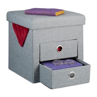 Relaxdays Sitzhocker mit Stauraum, 2 Schubladen, Griffe, modern, faltbar, gepolstert, Hocker HBT: 39 x 37 x 37 cm, grau