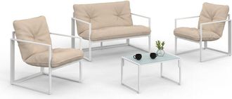 IDMarket Salon de jardin bas NAIROBI 4 places en acier blanc et coussins beige